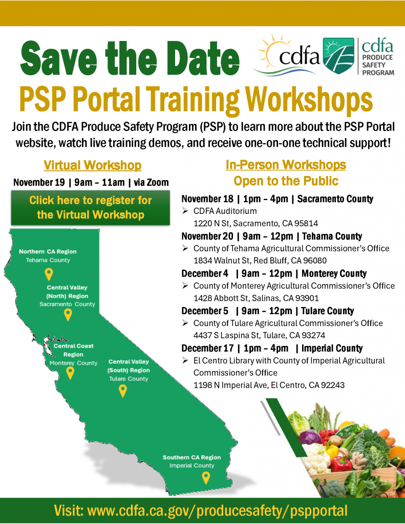 CDFA Produce Safety Program to Host PSP Portal Training Workshops | Produce Safety Rules!